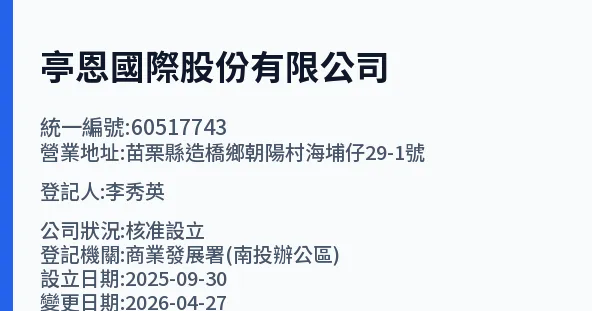 亭恩國際股份有限公司的照片-統編 60517743(苗栗縣) 公司登記資料與營業項目詳細圖表
