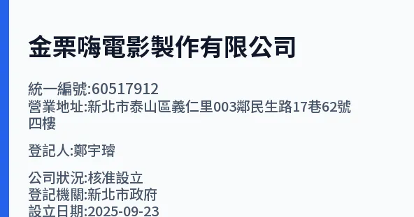 金栗嗨電影製作有限公司的照片-統編 60517912(新北市) 公司登記資料與營業項目詳細圖表