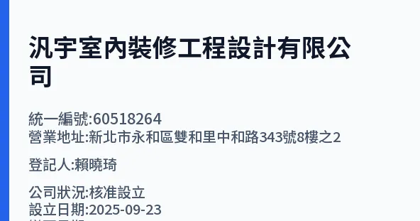 汎宇室內裝修工程設計有限公司的照片-統編 60518264(新北市) 公司登記資料與營業項目詳細圖表