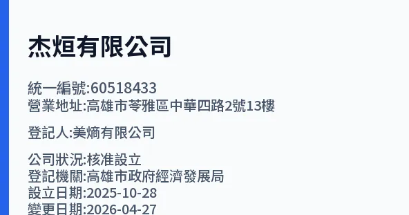 杰烜有限公司的照片-統編 60518433(高雄市) 公司登記資料與營業項目詳細圖表