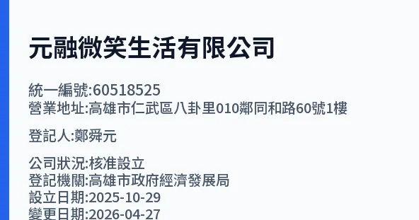 元融微笑生活有限公司的照片-統編 60518525(高雄市) 公司登記資料與營業項目詳細圖表
