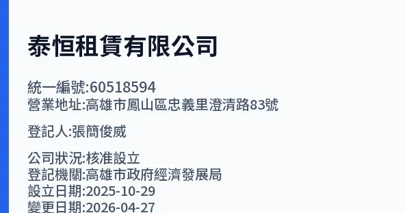 泰恒租賃有限公司的照片-統編 60518594(高雄市) 公司登記資料與營業項目詳細圖表