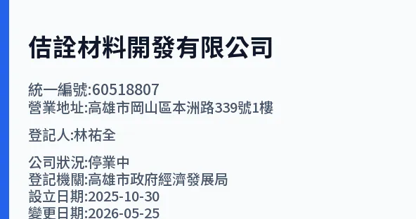 佶詮材料開發有限公司的照片-統編 60518807(高雄市) 公司登記資料與營業項目詳細圖表