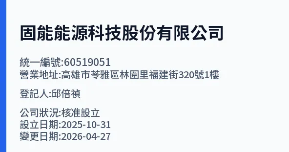 固能能源科技股份有限公司的照片-統編 60519051(高雄市) 公司登記資料與營業項目詳細圖表