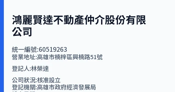 鴻麗賢達不動產仲介股份有限公司的照片-統編 60519263(高雄市) 公司登記資料與營業項目詳細圖表