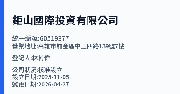 鉅山國際投資有限公司的照片-統編 60519377(高雄市) 公司登記資料與營業項目詳細圖表