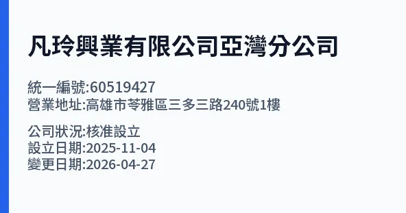 凡玲興業有限公司亞灣分公司的照片-統編 60519427(高雄市) 公司登記資料與營業項目詳細圖表