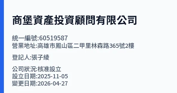 商堡資產投資顧問有限公司的照片-統編 60519587(高雄市) 公司登記資料與營業項目詳細圖表