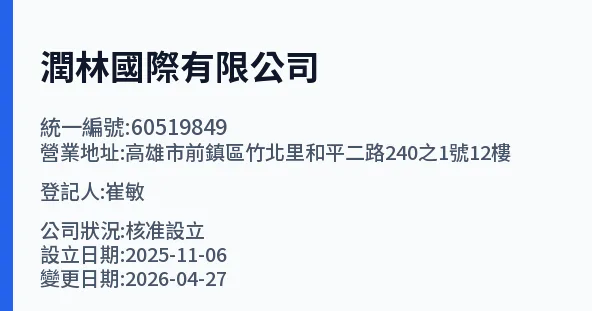 潤林國際有限公司的照片-統編 60519849(高雄市) 公司登記資料與營業項目詳細圖表