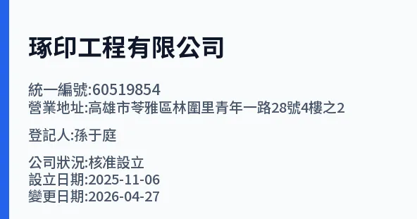 琢印工程有限公司的照片-統編 60519854(高雄市) 公司登記資料與營業項目詳細圖表