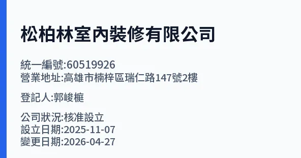 松柏林室內裝修有限公司的照片-統編 60519926(高雄市) 公司登記資料與營業項目詳細圖表