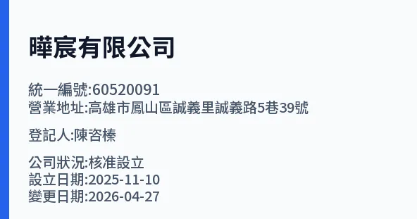 曄宸有限公司的照片-統編 60520091(高雄市) 公司登記資料與營業項目詳細圖表