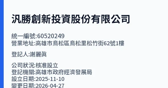 汎勝創新投資股份有限公司的照片-統編 60520249(高雄市) 公司登記資料與營業項目詳細圖表
