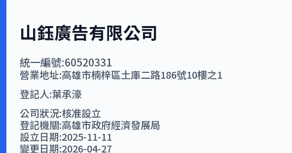 山鈺廣告有限公司的照片-統編 60520331(高雄市) 公司登記資料與營業項目詳細圖表
