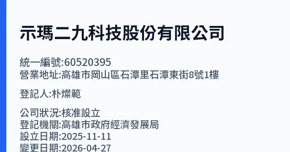 示瑪二九科技股份有限公司的照片-統編 60520395(高雄市) 公司登記資料與營業項目詳細圖表