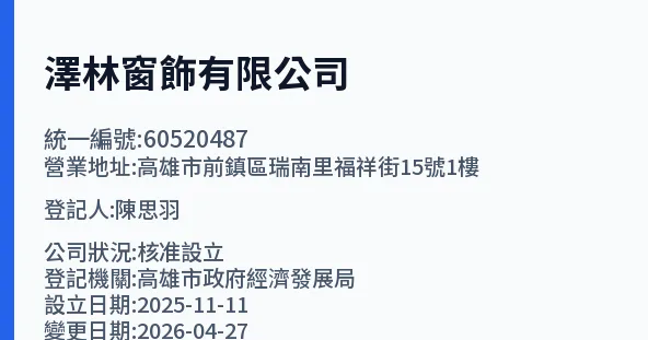 澤林窗飾有限公司的照片-統編 60520487(高雄市) 公司登記資料與營業項目詳細圖表