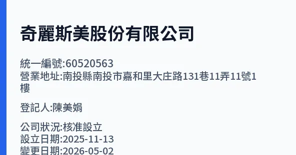 奇麗斯美股份有限公司的照片-統編 60520563(南投縣) 公司登記資料與營業項目詳細圖表