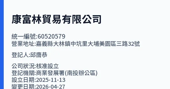 康富林貿易有限公司的照片-統編 60520579(嘉義縣) 公司登記資料與營業項目詳細圖表