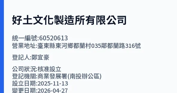 好土文化製造所有限公司的照片-統編 60520613(臺東縣) 公司登記資料與營業項目詳細圖表