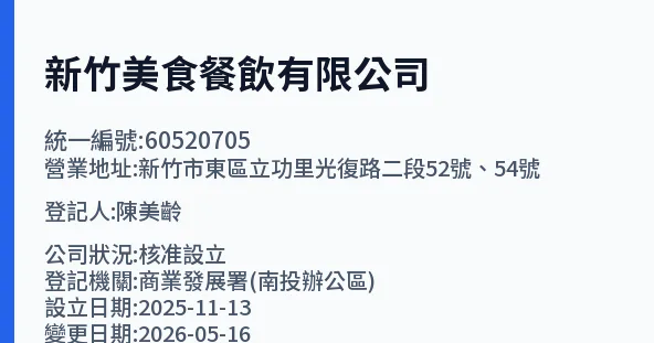 新竹美食餐飲有限公司的照片-統編 60520705(新竹市) 公司登記資料與營業項目詳細圖表