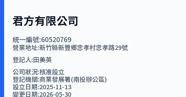 君方有限公司的照片-統編 60520769(新竹縣) 公司登記資料與營業項目詳細圖表
