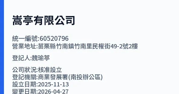 嵩亭有限公司的照片-統編 60520796(苗栗縣) 公司登記資料與營業項目詳細圖表