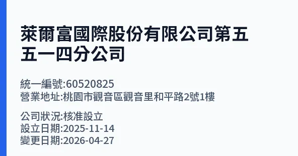 萊爾富國際股份有限公司第五五一四分公司的照片-統編 60520825(桃園市) 公司登記資料與營業項目詳細圖表