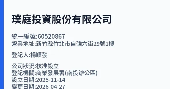 璞庭投資股份有限公司的照片-統編 60520867(新竹縣) 公司登記資料與營業項目詳細圖表