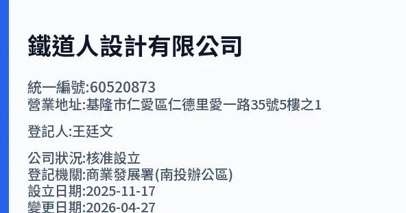 鐵道人設計有限公司的照片-統編 60520873(基隆市) 公司登記資料與營業項目詳細圖表
