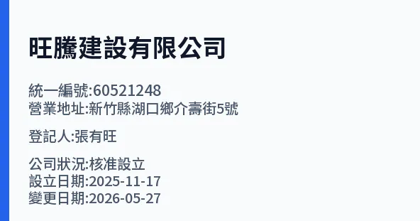 旺騰建設有限公司的照片-統編 60521248(新竹縣) 公司登記資料與營業項目詳細圖表