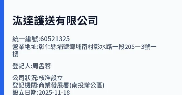 汯達護送有限公司的照片-統編 60521325(彰化縣) 公司登記資料與營業項目詳細圖表