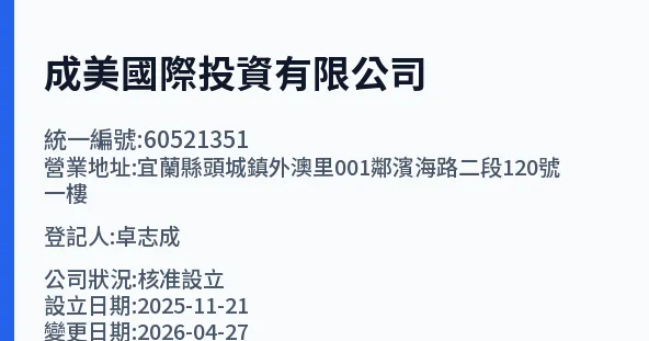 成美國際投資有限公司的照片-統編 60521351(宜蘭縣) 公司登記資料與營業項目詳細圖表