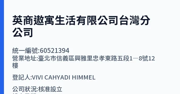 英商遨寓生活有限公司台灣分公司的照片-統編 60521394(臺北市) 公司登記資料與營業項目詳細圖表