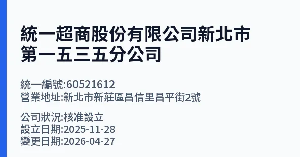統一超商股份有限公司新北市第一五三五分公司的照片-統編 60521612(新北市) 公司登記資料與營業項目詳細圖表