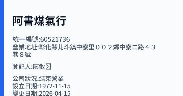 阿書煤氣行的照片-統編 60521736(彰化縣) 公司登記資料與營業項目詳細圖表