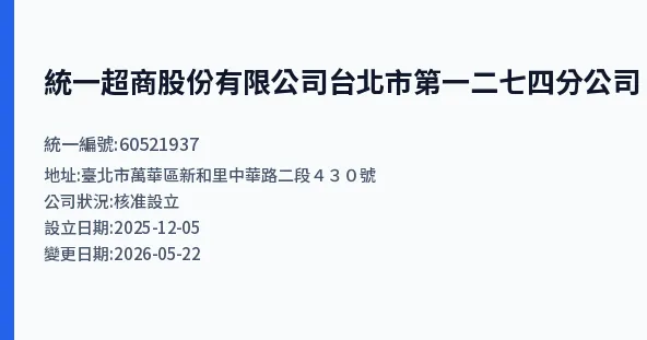 統一超商股份有限公司台北市第一二七四分公司的照片-統編 60521937(臺北市) 公司登記資料與營業項目詳細圖表