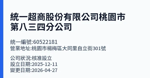 統一超商股份有限公司桃園市第八三四分公司的照片-統編 60522181(桃園市) 公司登記資料與營業項目詳細圖表