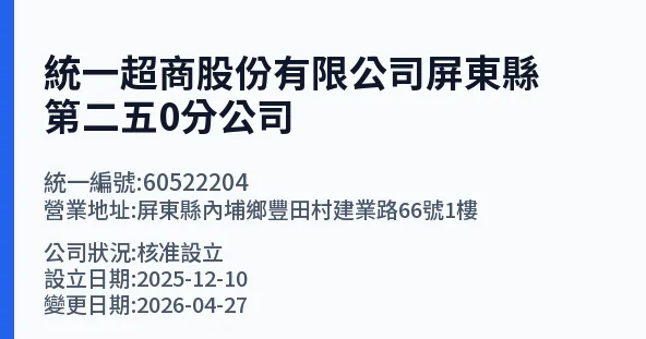 統一超商股份有限公司屏東縣第二五0分公司的照片-統編 60522204(屏東縣) 公司登記資料與營業項目詳細圖表