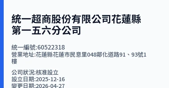 統一超商股份有限公司花蓮縣第一五六分公司的照片-統編 60522318(花蓮縣) 公司登記資料與營業項目詳細圖表