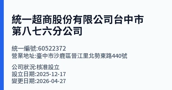 統一超商股份有限公司台中市第八七六分公司的照片-統編 60522372(臺中市) 公司登記資料與營業項目詳細圖表