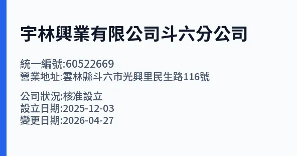 宇林興業有限公司斗六分公司的照片-統編 60522669(雲林縣) 公司登記資料與營業項目詳細圖表
