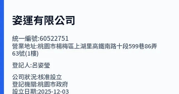 姿運有限公司的照片-統編 60522751(桃園市) 公司登記資料與營業項目詳細圖表