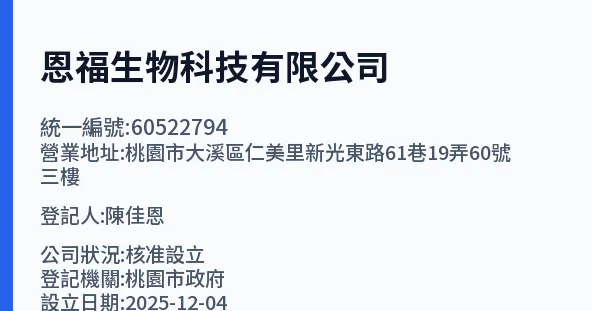 恩福生物科技有限公司的照片-統編 60522794(桃園市) 公司登記資料與營業項目詳細圖表