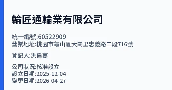 輪匠通輪業有限公司的照片-統編 60522909(桃園市) 公司登記資料與營業項目詳細圖表