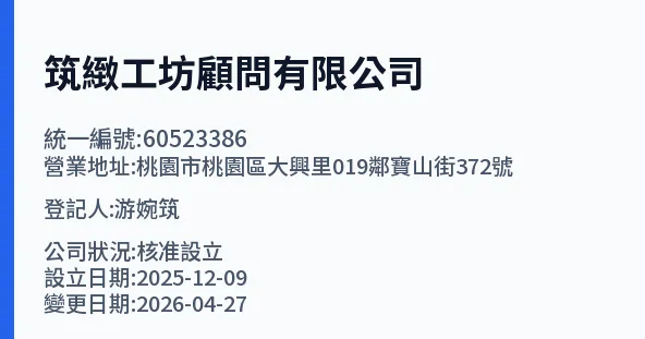 筑緻工坊顧問有限公司的照片-統編 60523386(桃園市) 公司登記資料與營業項目詳細圖表