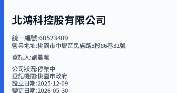 北鴻科控股有限公司的照片-統編 60523409(桃園市) 公司登記資料與營業項目詳細圖表