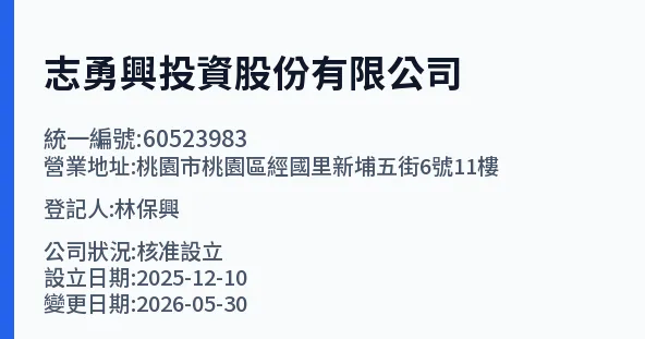 志勇興投資股份有限公司的照片-統編 60523983(桃園市) 公司登記資料與營業項目詳細圖表