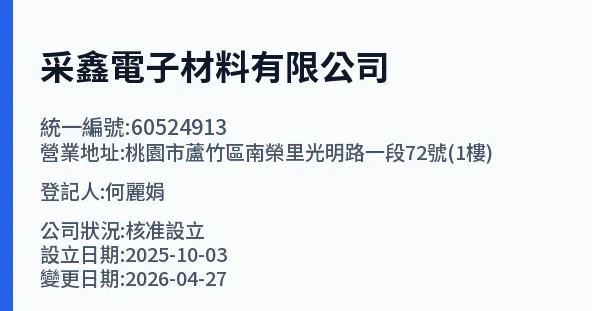采鑫電子材料有限公司的照片-統編 60524913(桃園市) 公司登記資料與營業項目詳細圖表