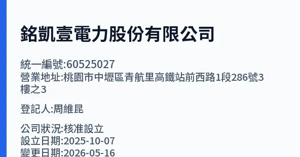 銘凱壹電力股份有限公司的照片-統編 60525027(桃園市) 公司登記資料與營業項目詳細圖表