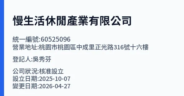 慢生活休閒產業有限公司的照片-統編 60525096(桃園市) 公司登記資料與營業項目詳細圖表